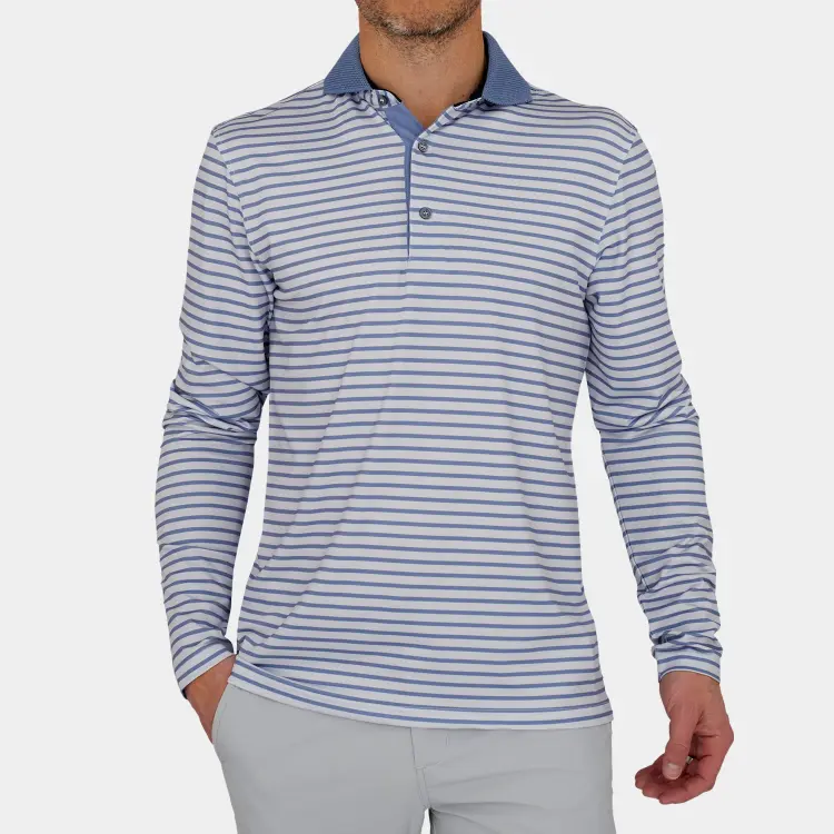Shop the Avalon Luxe Long Sleeve Golf Polo in Manor Blue Stripe