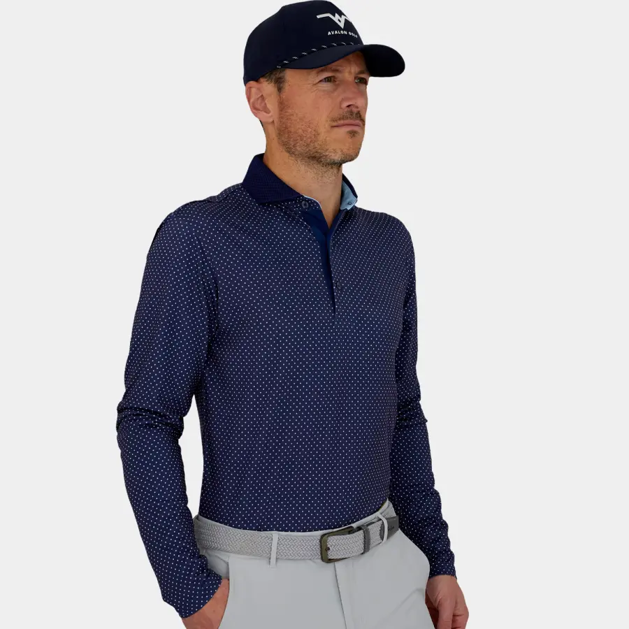 Shop Luxe Long Sleeve Golf Polo in Navy Sky | Avalon Golf Co