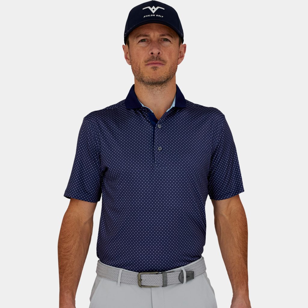 Avalon Luxe Navy Blue Dot Golf Polo | Luxury Mens Golf Shirts