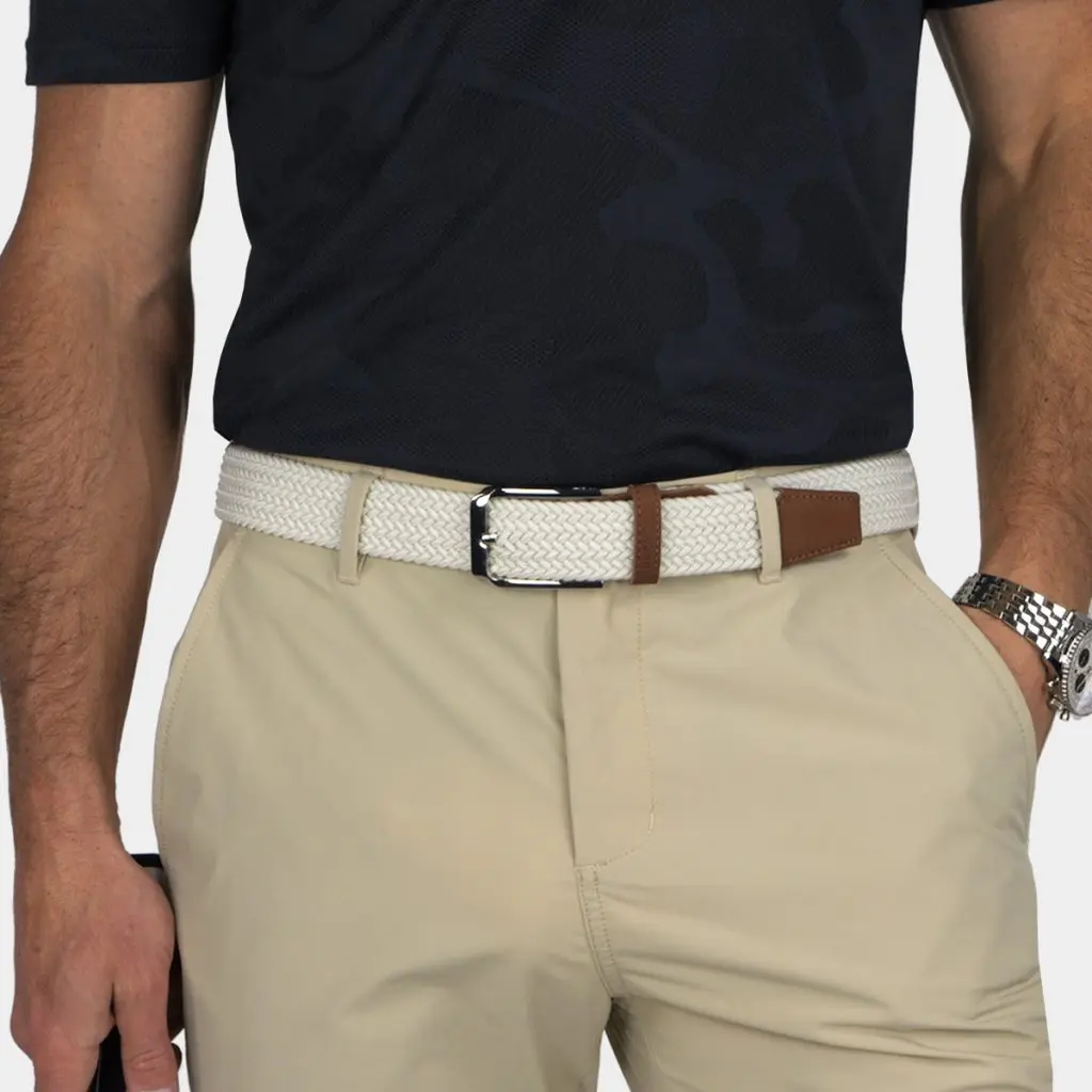 Cream & Tan Leather Golf Belt | Avalon Players Stretch Woven Belt
