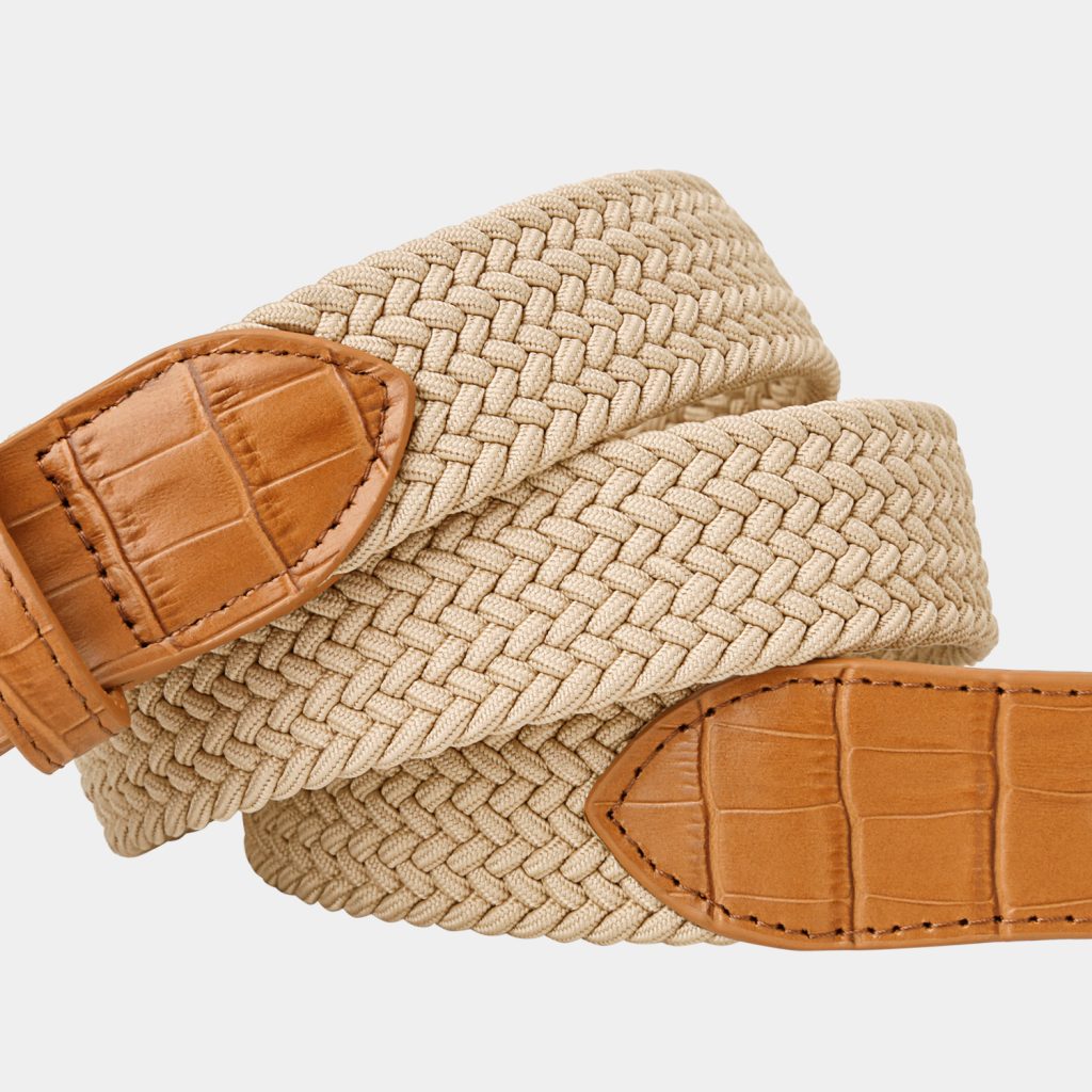 Luxe Mens Golf Belt: Tan | Leather Tips + Comfort Stretch Band