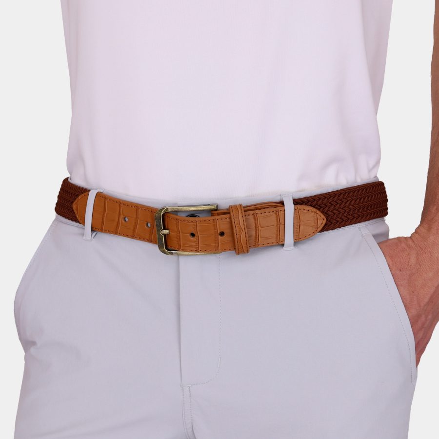 Luxe Mens Golf Belt: Brown | Leather Tips + Comfort Stretch Band